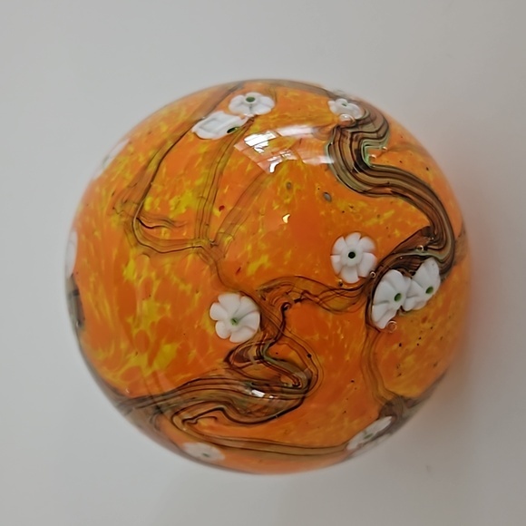 Tozai Home | Art | Tozai Home Paperweight Orange Black Swirls White Flowers 3 Diameter | Poshmark